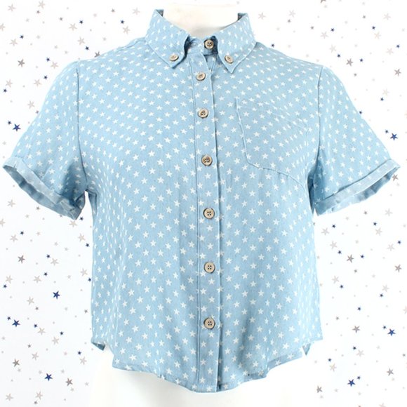 Tops | Star Print Button Down Denim Crop Top | Poshmark